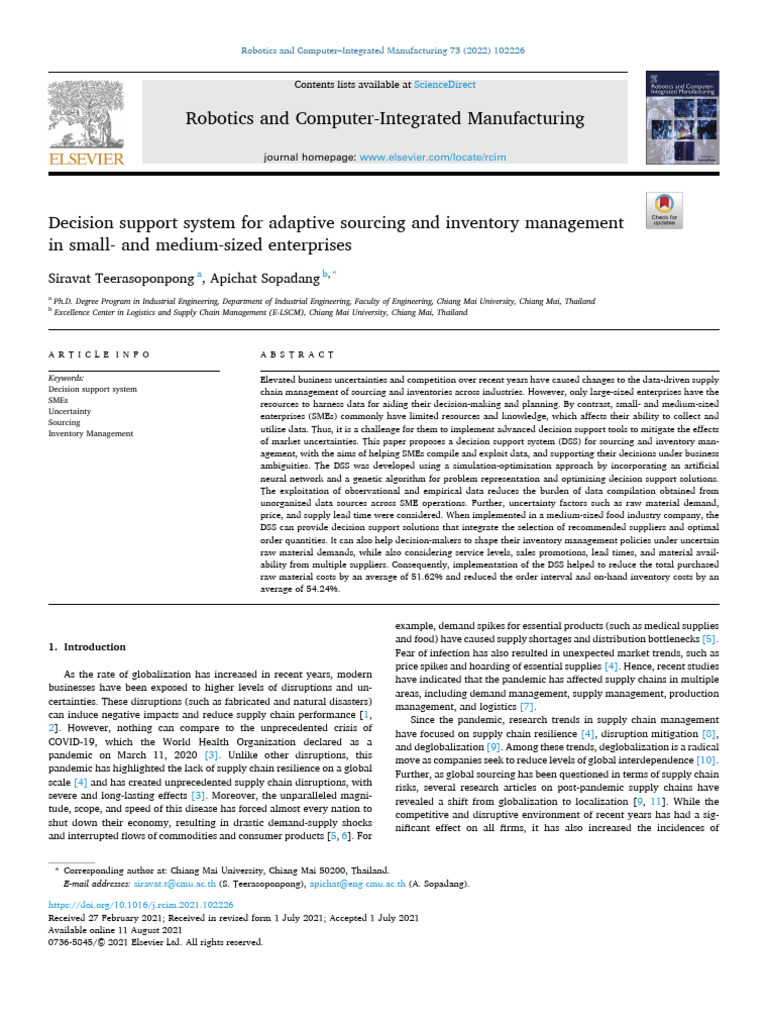 Decision Support System For Adaptive Sourcing and Inventory Management in Small - and Medium ...