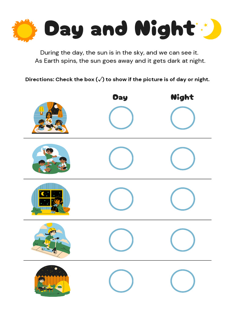 Day and Night Science Worksheet in Yellow Blue Handdrawn Style | PDF