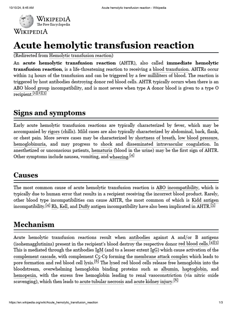 Acute Hemolytic Transfusion Reaction - Wikipedia | PDF