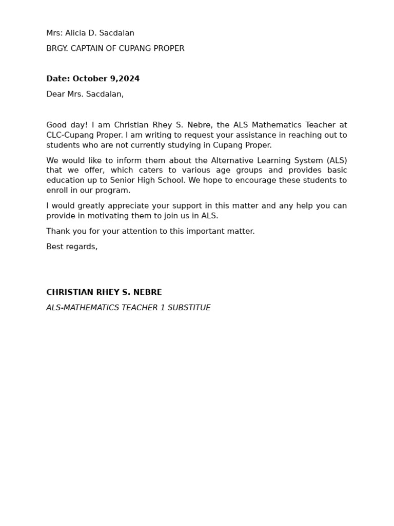 Letter of Request in Brgy Captain | PDF