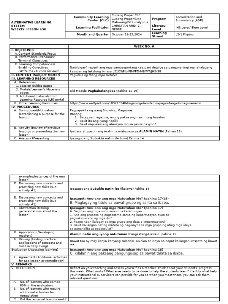 LS 1 Fil Week 6 | PDF | Learning | Teaching