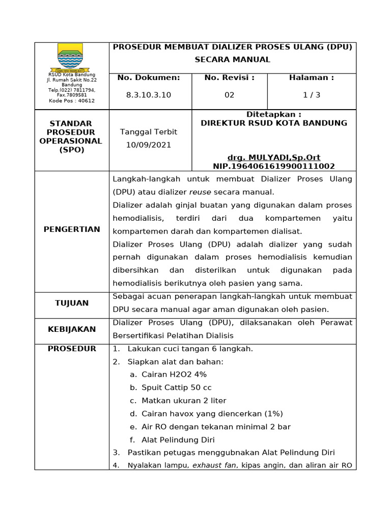 Spo 10 Prosedur Membuat Dializer Proses Ulang (Dpu) Secara Manual | PDF