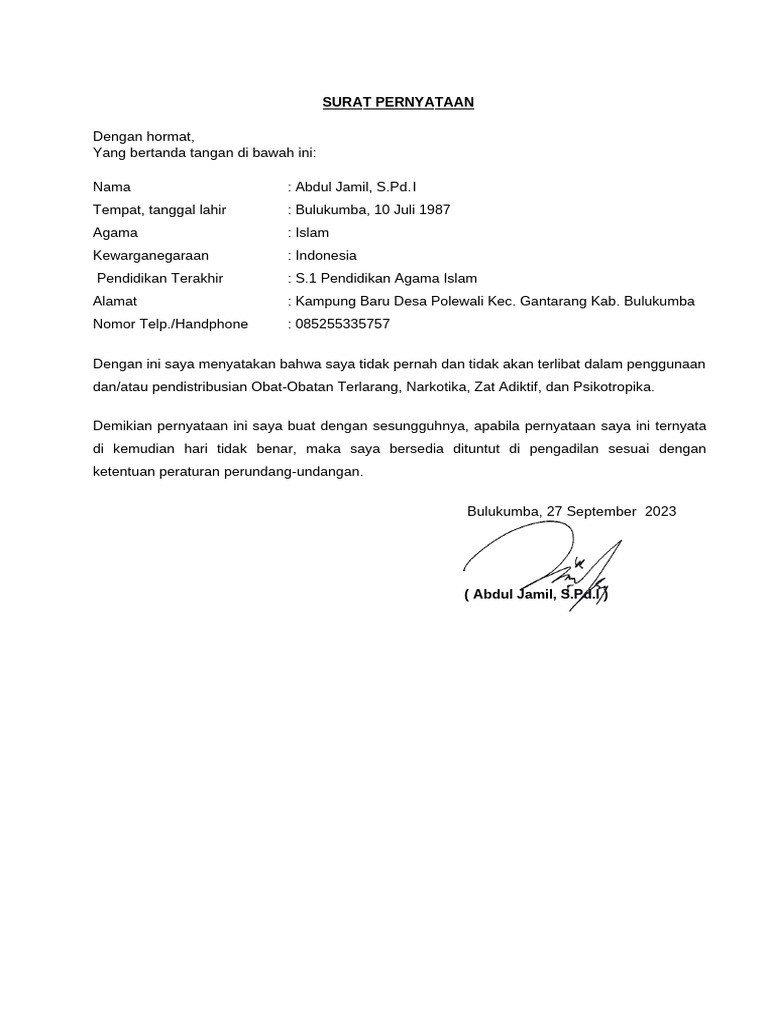 Surat Pernyataan Bebas Narkoba CPPPK | PDF | Pengembangan Diri | Kesehatan Holistik