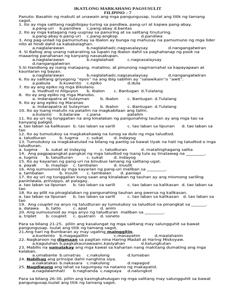 FILIPINO 7-3rd Quarter Examination | PDF | Philippines