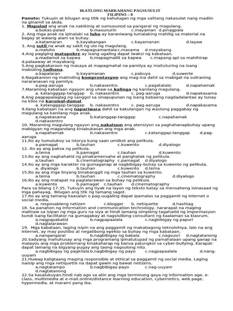 FILIPINO 8-3rd Quarter Examination | PDF