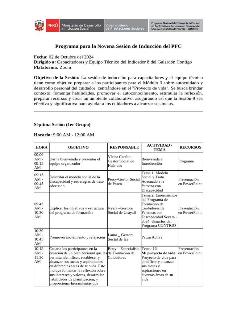 Programa para La Novena Sesión de Inducción Del PFC NVTC | PDF
