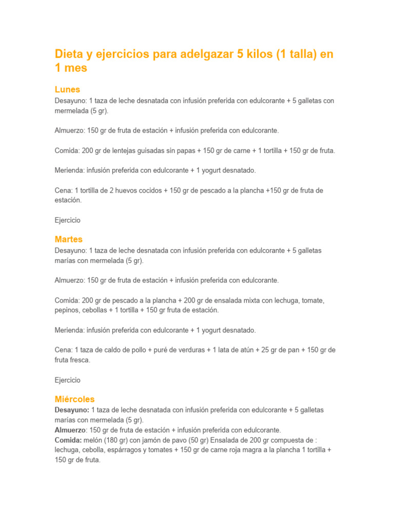Dieta para Adelgazar 5 Kilos (1 Talla en 1 Mes) | PDF