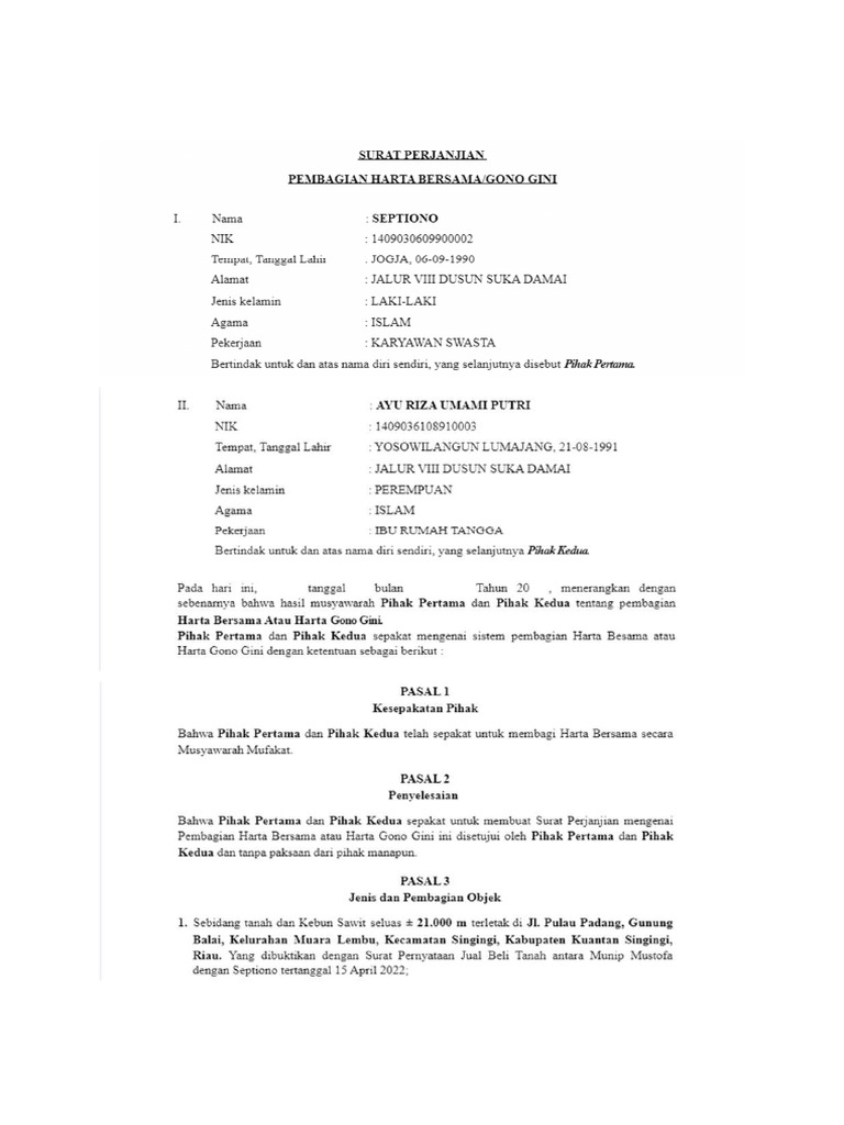 Surat Perjanjian Pembagian Harta Bersama | PDF