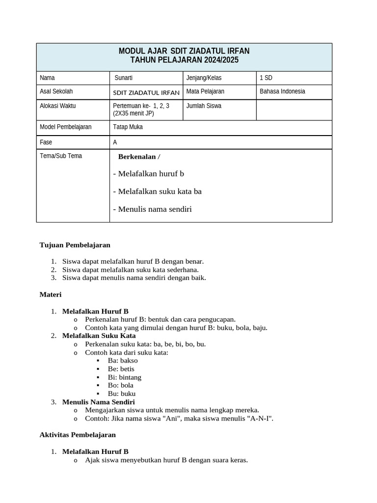 Modul Ajar Bhs Indonesia Kls 1 Sdit Ziadatul Irfan-Digabungkan | PDF