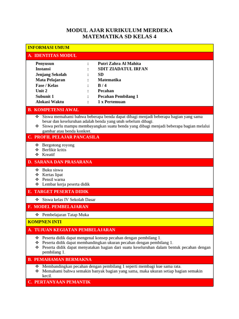 MODUL AJAR BHS INDONESIA KLS 1 SDIT ZIADATUL IRFAN-digabungkan | PDF