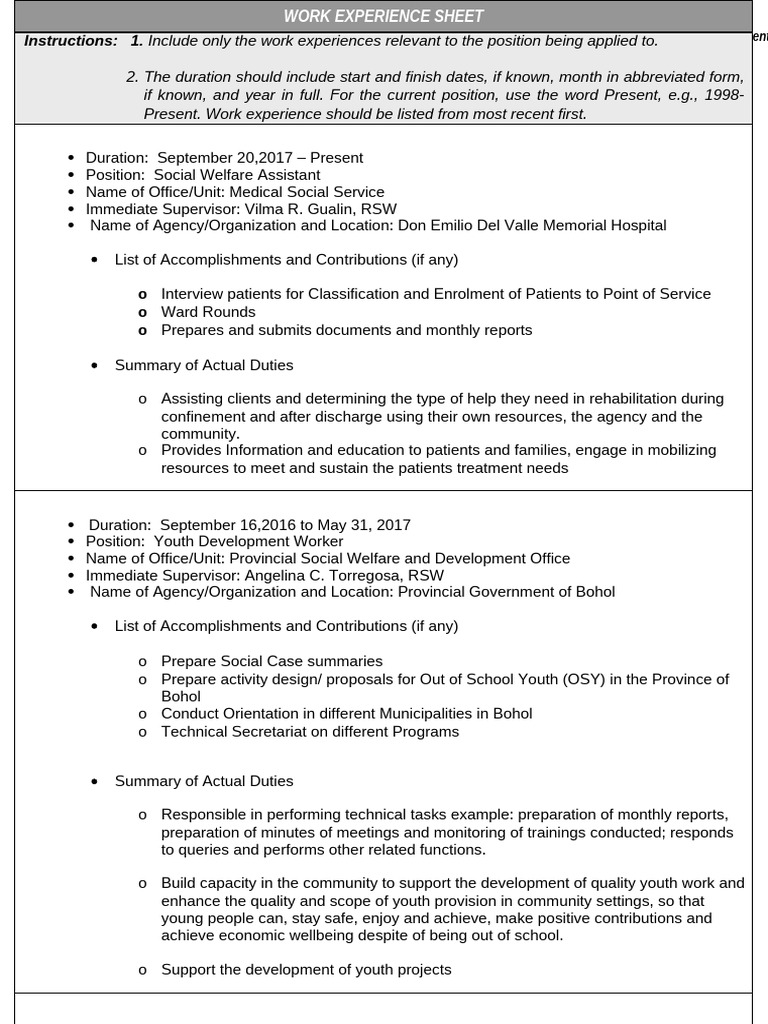 Cs Form No. 212 Attachment - Work Experience Sheet | PDF