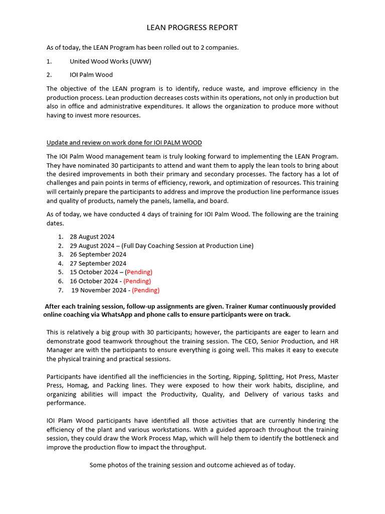 Lean Progress Report - Ioi Palm Wood | PDF | Lean Manufacturing | Business