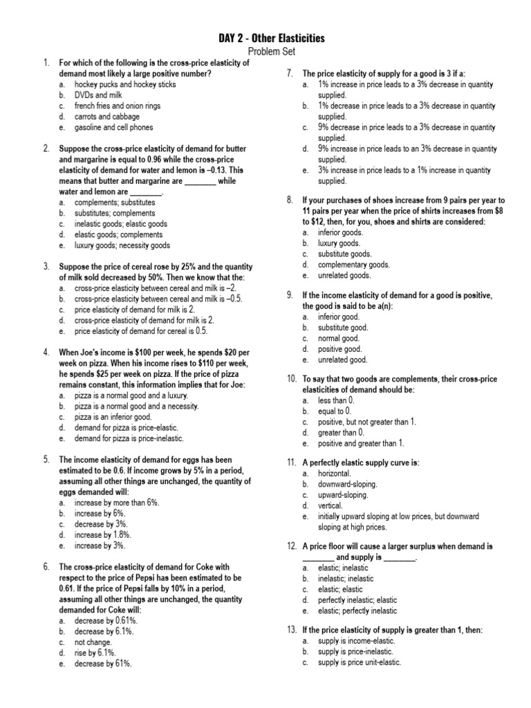 AP Micro Unit 3 DAY 2 PROBLEM SET Elasticities Roundup | PDF
