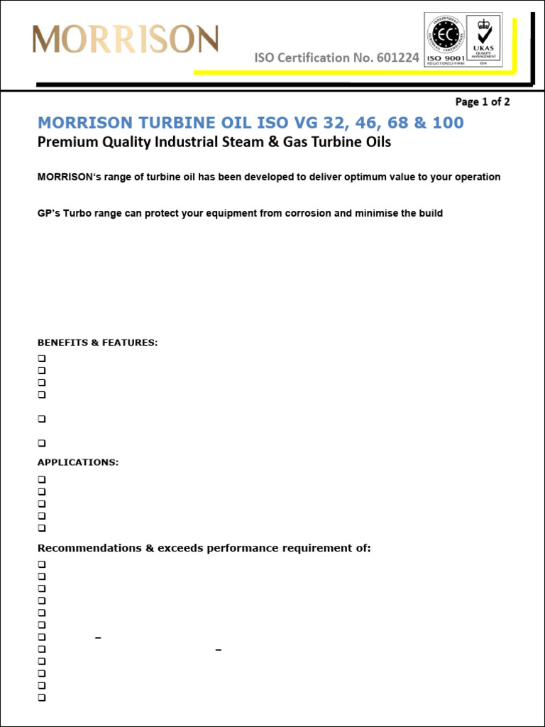 Morrison Iso VG 32 - 46 - 68 - 100 Turbine Oil | PDF