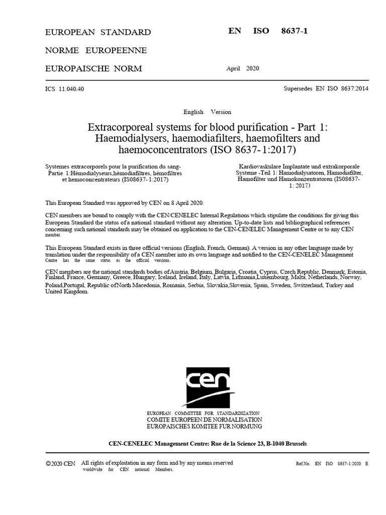 EN ISO 8637-1-2020 - Extracorporeal Systems For Blood Purification ...
