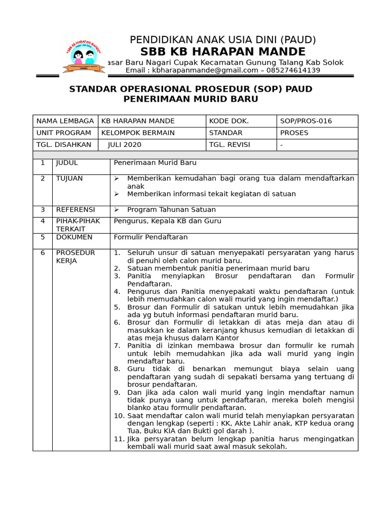 a). SOP Penerimaan murid Baru | PDF