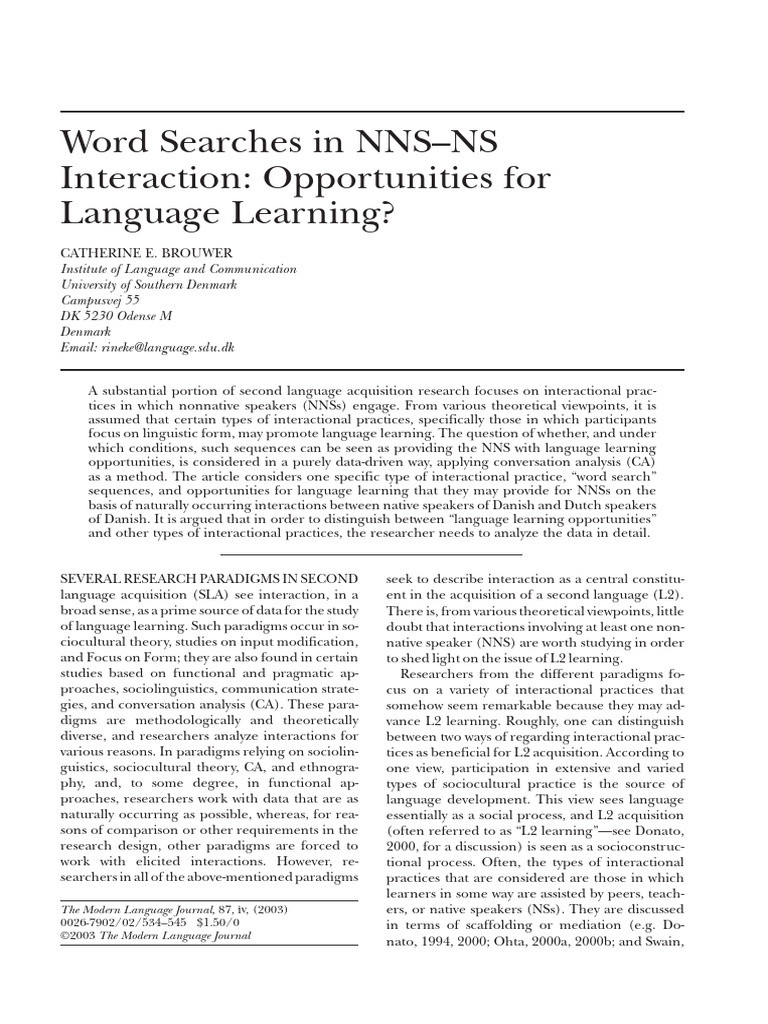 Word Searches in NNS-NS Interaction Opportunities For Language Learning | PDF