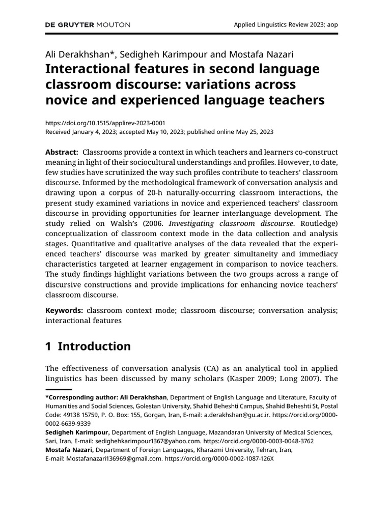 Interactional Features in Second Language Classroom Discourse Variations Across Novice and ...