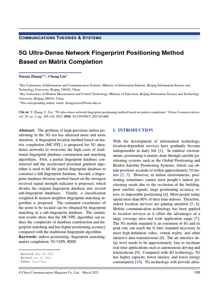 5G Ultra-Dense Network Fingerprint Positioning Method Based On Matrix Completion | PDF