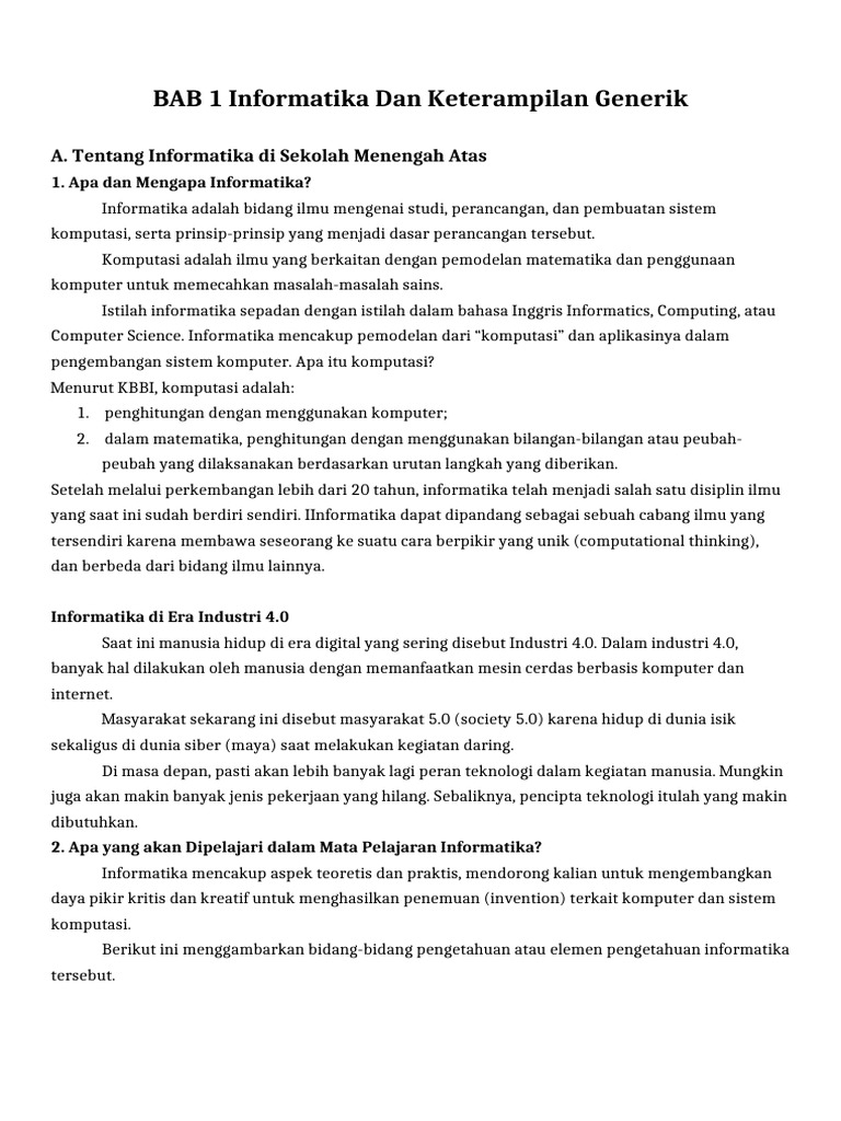 Rangkuman BAB 1 Informatika Dan Keterampilan Generik | PDF