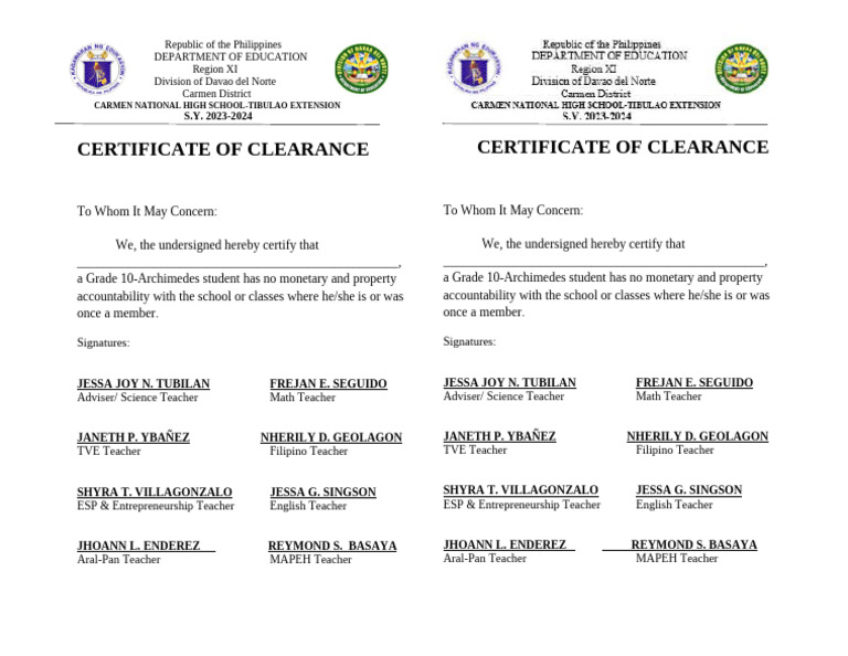 CERTIFICATE OF CLEARANCE | PDF