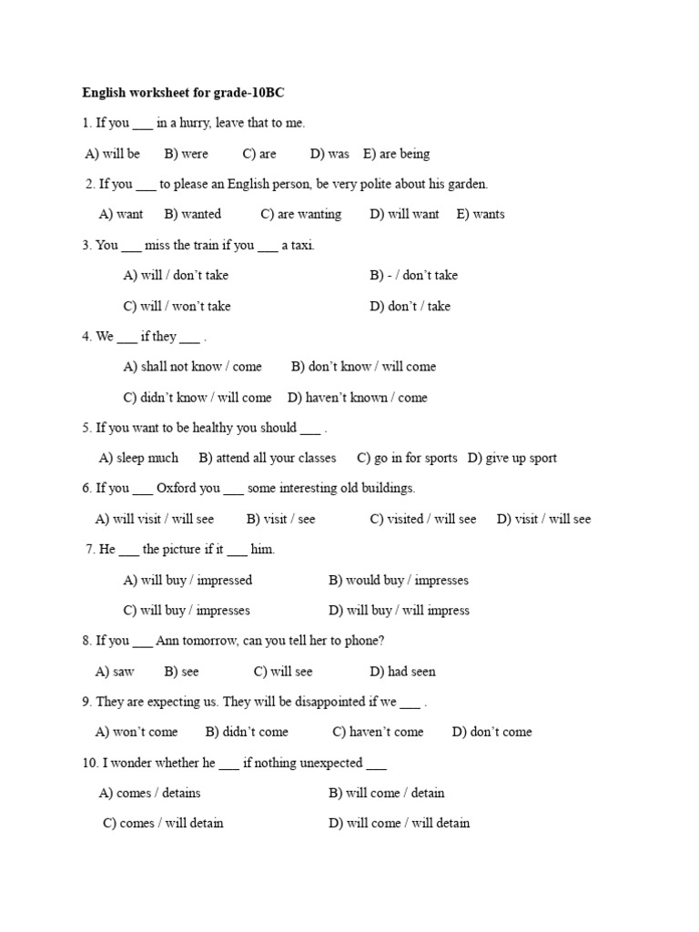 English Worksheet For Grade 10 | PDF