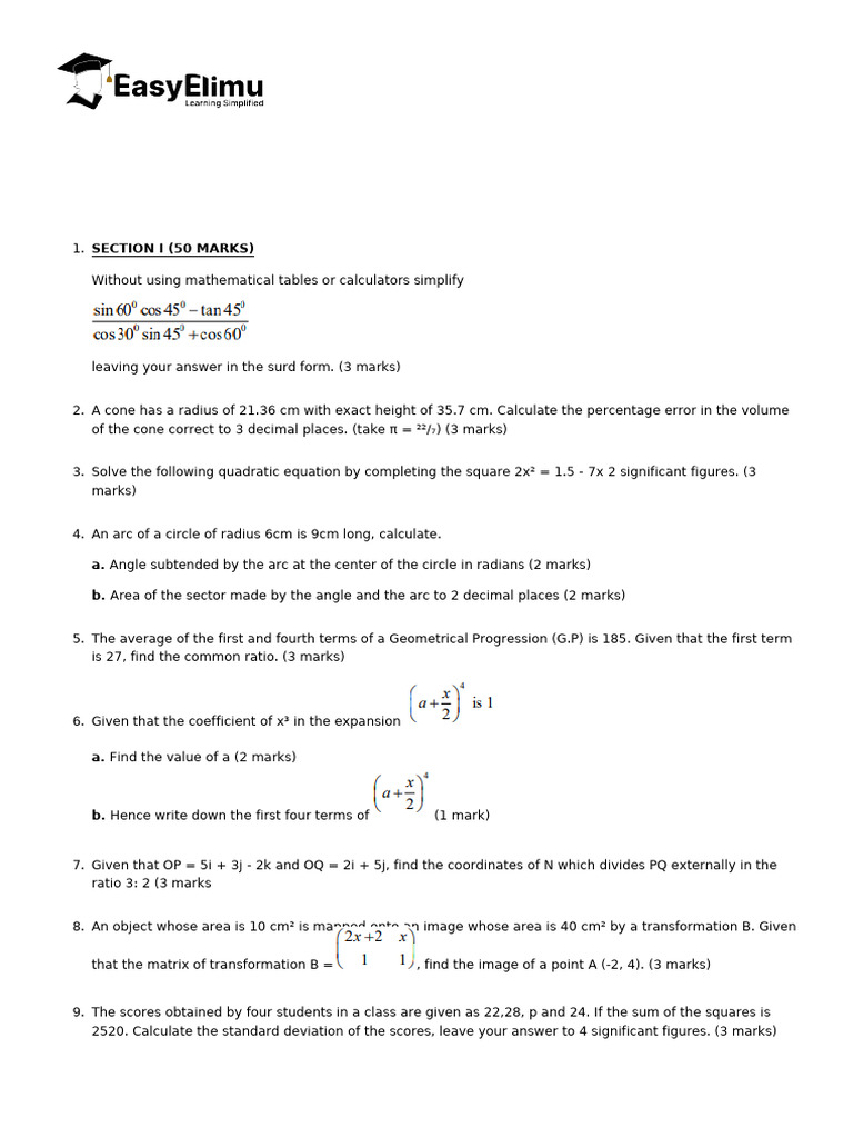 Mathematics Paper 2 - 2024 Kassu Jet Joint Mock Examination-1982 | PDF