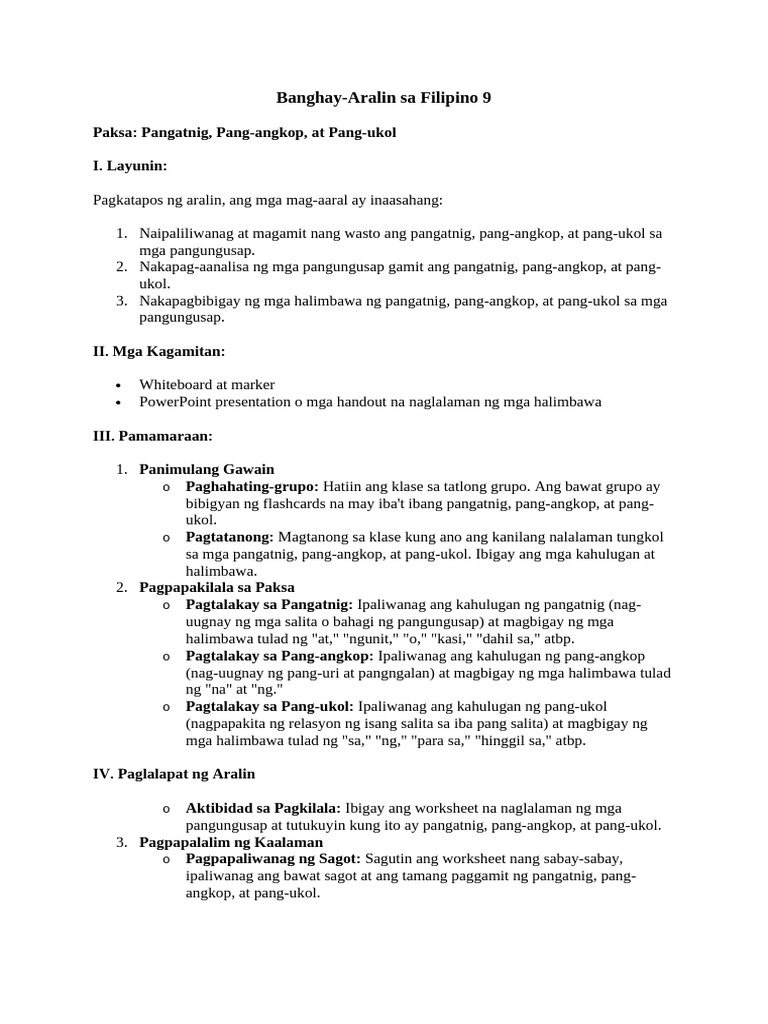 f9 Lesson Plan Pang-ugnay | PDF