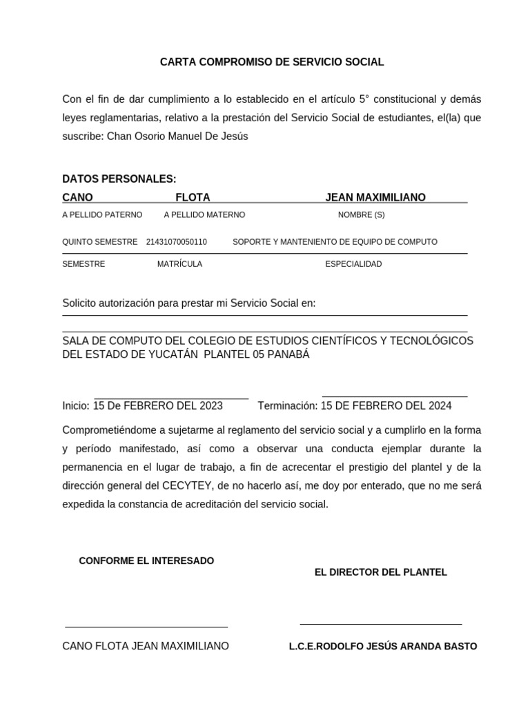 Carta Compromiso Servicio Social CECYTEY | PDF
