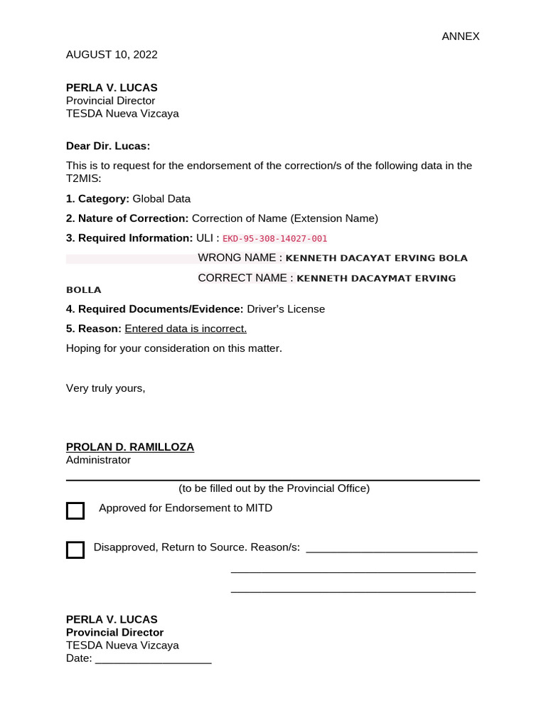 FORM ANNEX A A 1 Request For Correction of Data in The T2MIS | PDF