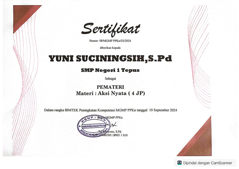 Sertifikat Bu Yuni | PDF