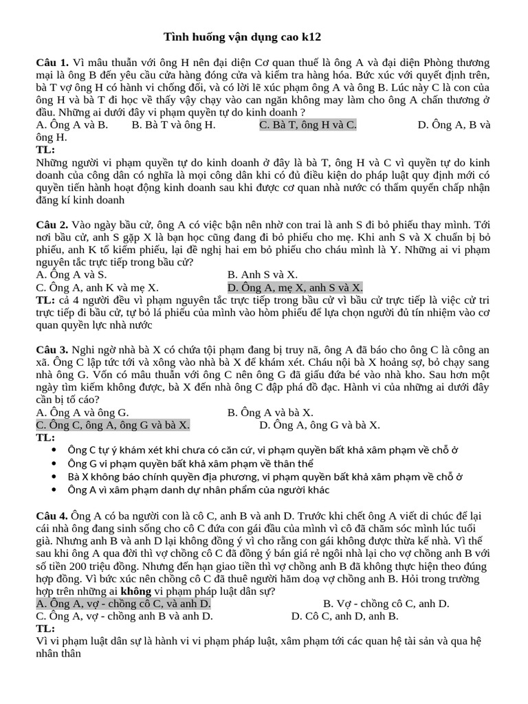 Đề cương Tình huống vận dụng cao k12 | PDF