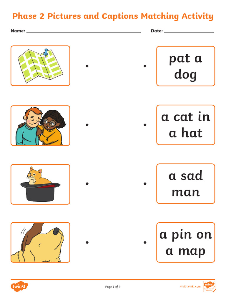 T L 4499 Matching Pictures To Captions Worksheet Phase 2 Phonics - Ver ...