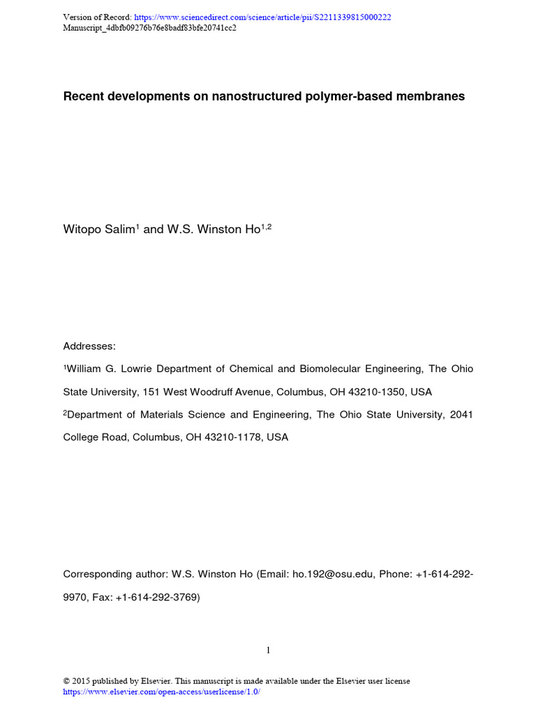 Recent Developments On Nanostructured Polymer-Based Membranes | PDF