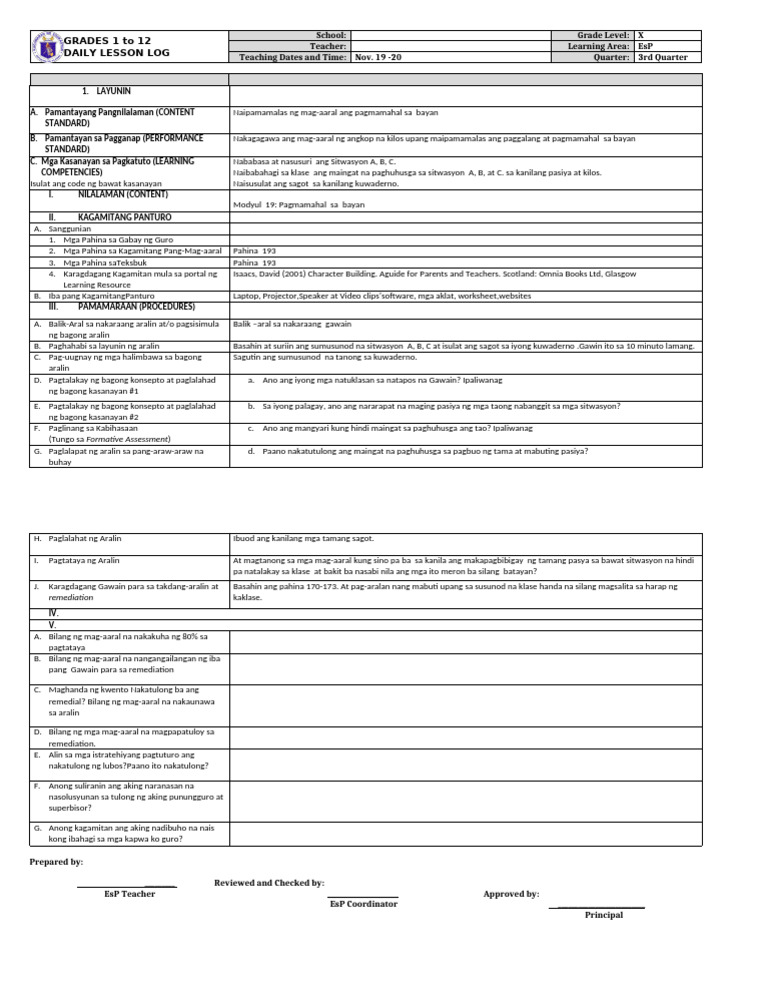 DLL Esp 10 3rd Grading Modyul 10 Week 4 | PDF | Language Arts & Discipline