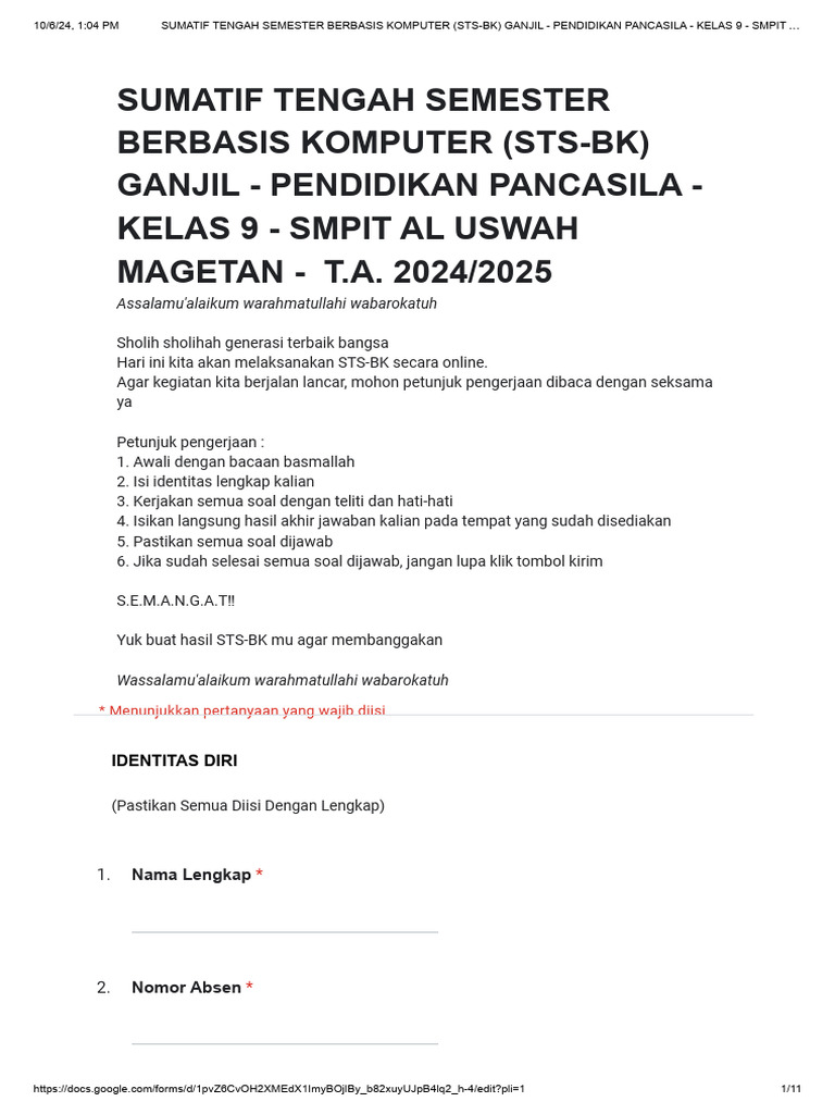 PP - 9 - STS - GANJIL - 24 - 25 - Google Formulir | PDF