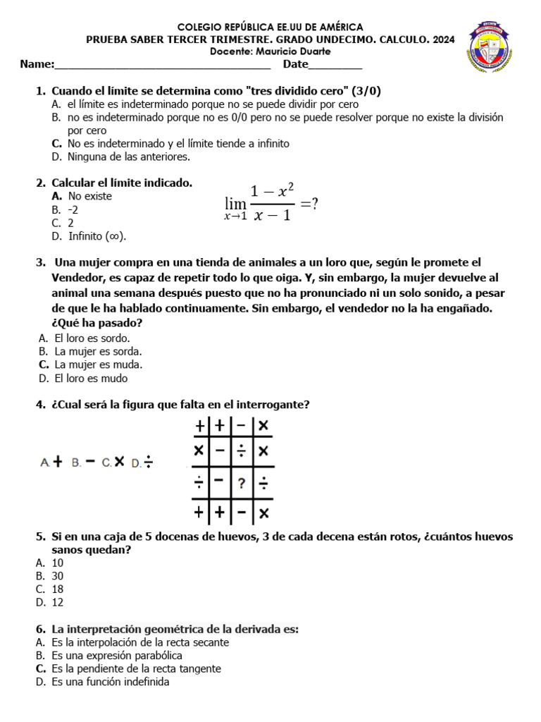 Prueba Saber Grado Undecimo Matematicas. III Trimestre | PDF | Derivado | Función (Matemáticas)