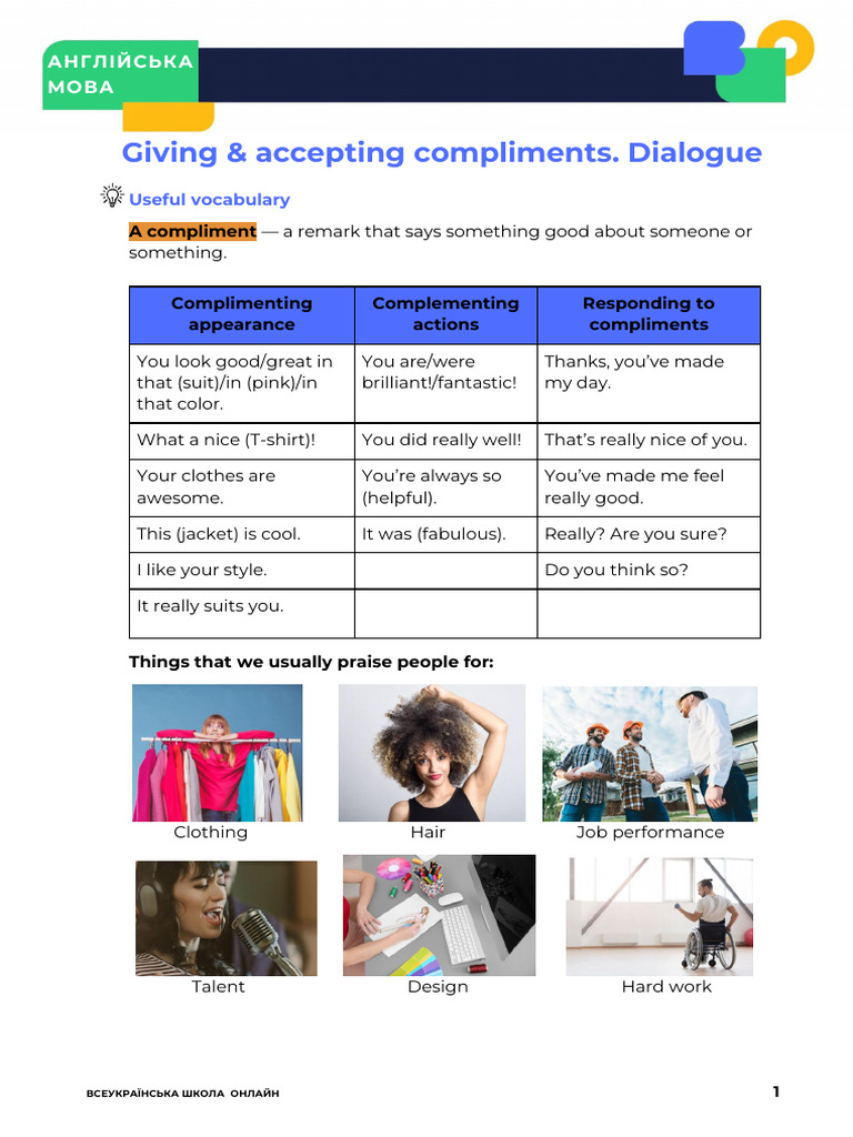 Giving & Accepting Compliments. Dialogue: Useful Vocabulary | PDF