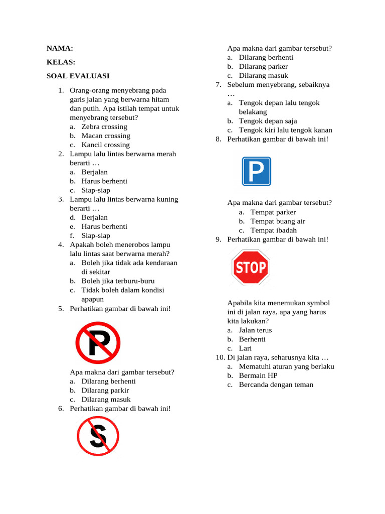 Soal Evaluasi Simbol Rambu Lalu Lintas | PDF