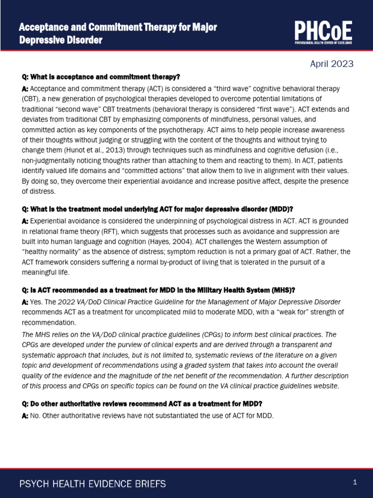 Acceptance Commitment Therapy For Major Depressive Disorder 2023 | PDF