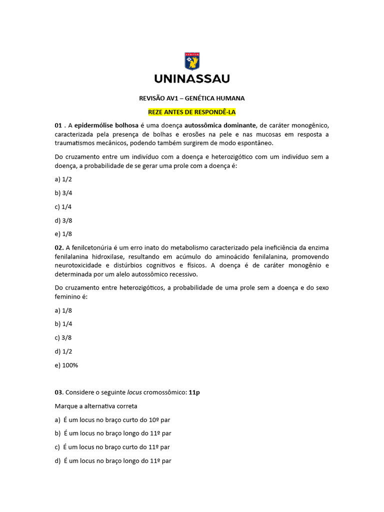 REVISÃO AV1 - GENÉTICA HUMANA | PDF