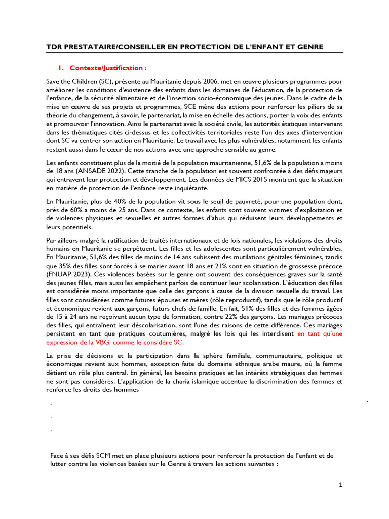 Contexte/Justification: TDR Prestataire/Conseiller en Protection de L ...