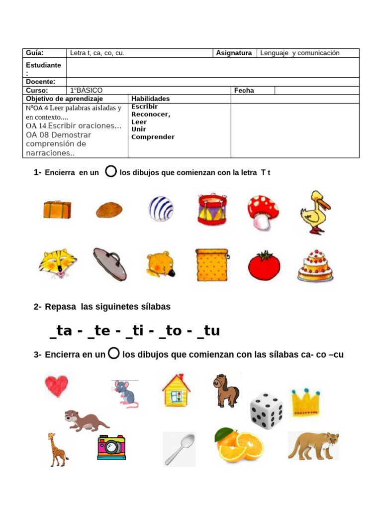 Guía Letra T Ca Co Cu | PDF