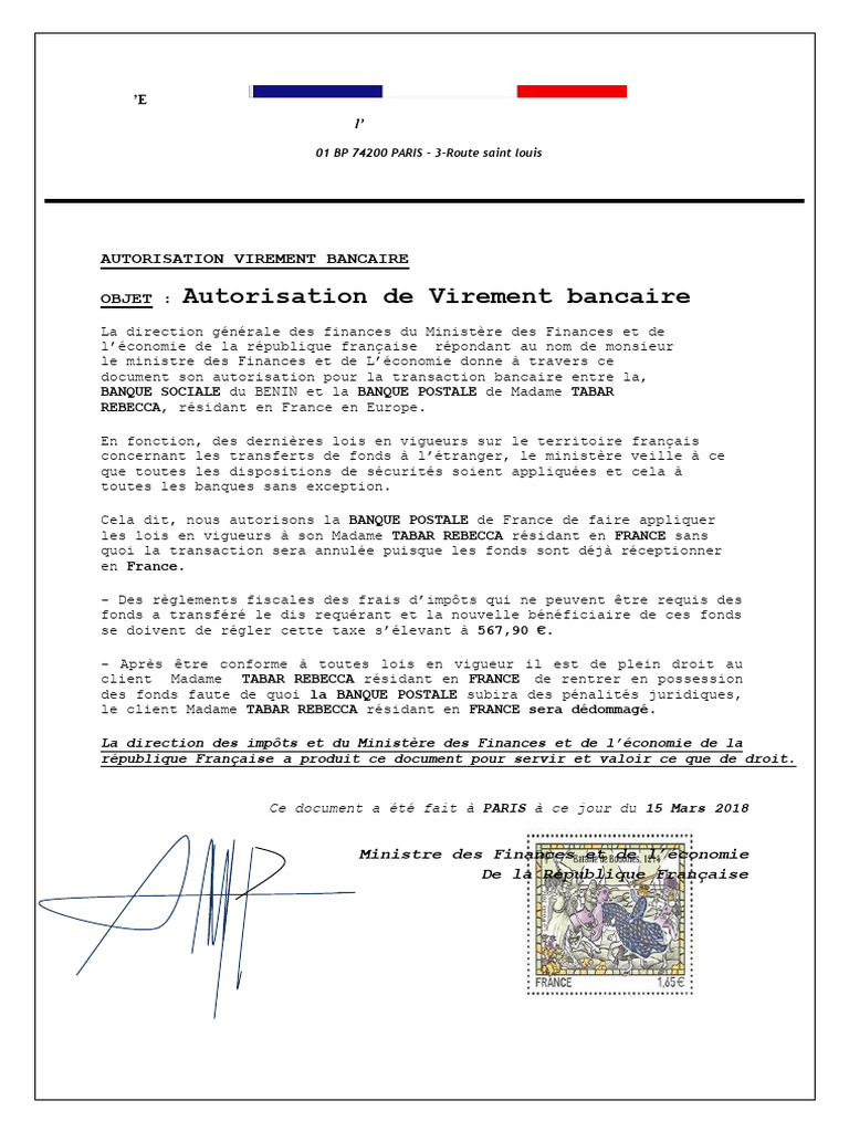 Autoristaion de Virement | PDF