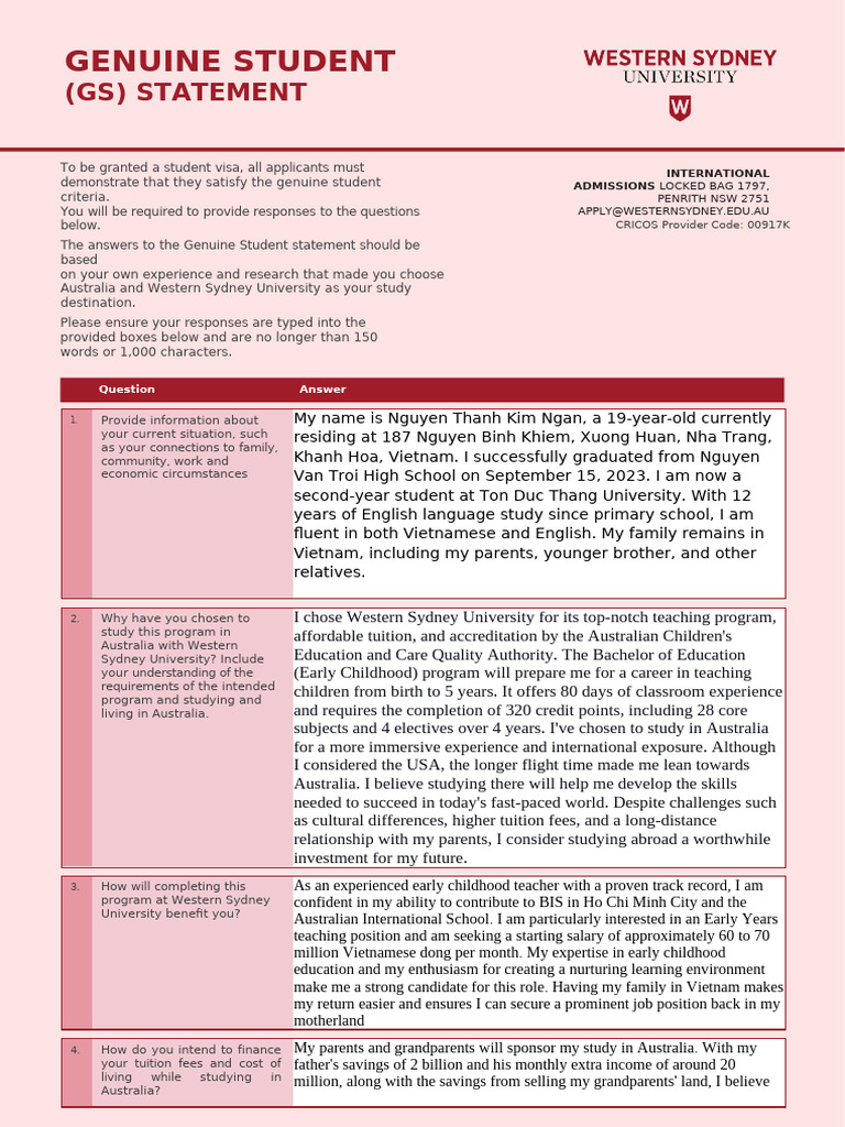 Genuine Student: (GS) Statement | PDF