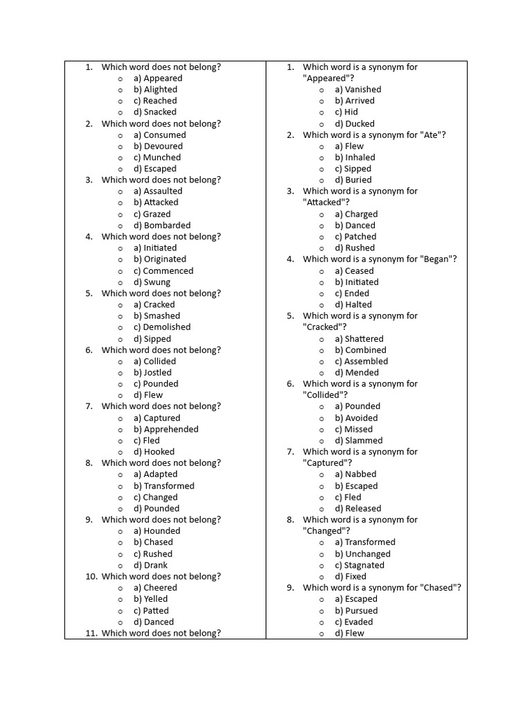 VOCABULARY TEST ACTION CHARTRAITS and EMOTIONS | PDF