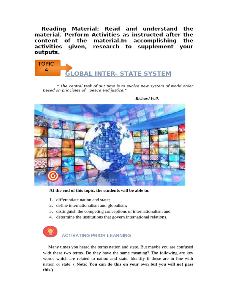 Reading Material For TOPIC 4 - Global Inter-State | PDF