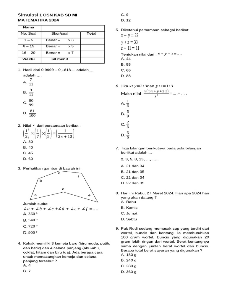 Soal Simulasi 1 Osn-K | PDF