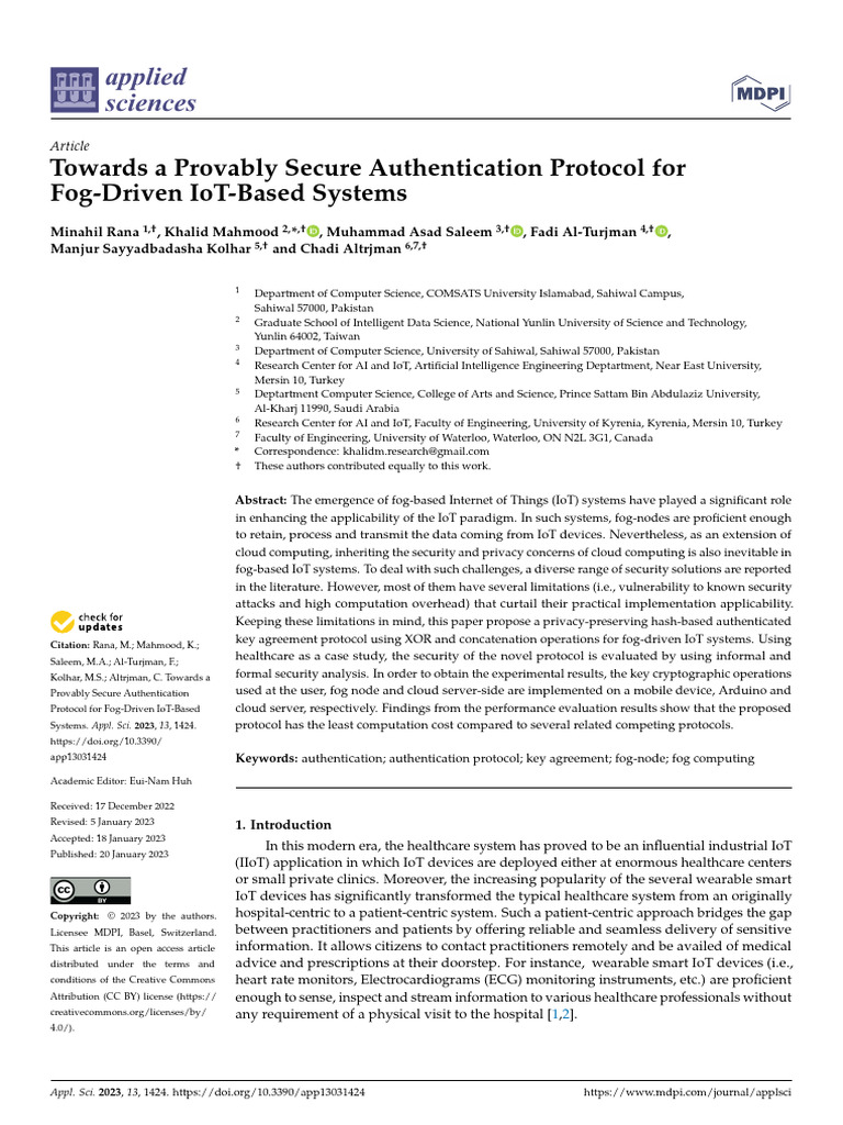 Applied Sciences: Towards A Provably Secure Authentication Protocol For Fog-Driven Iot-Based ...