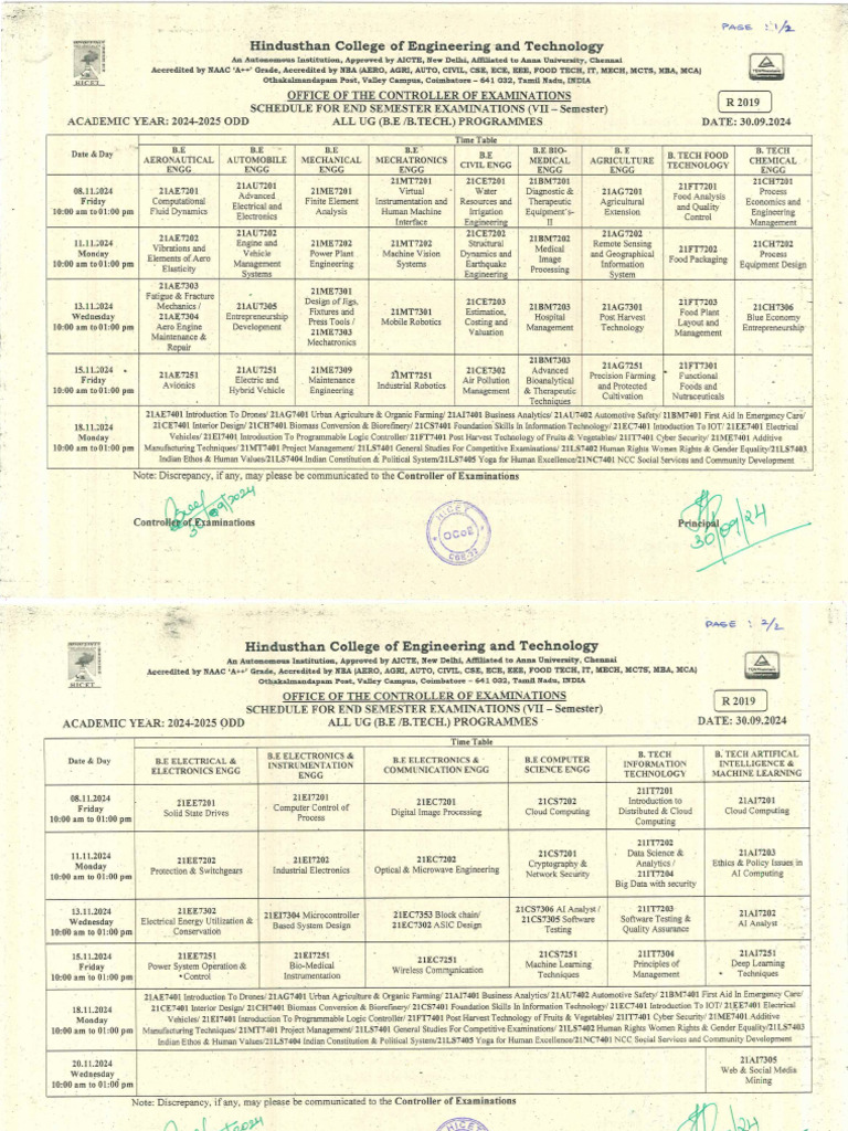 ESE-SCHEDULE NovDec-2024 Batch 2021 VII Semester All UG Programmes | PDF